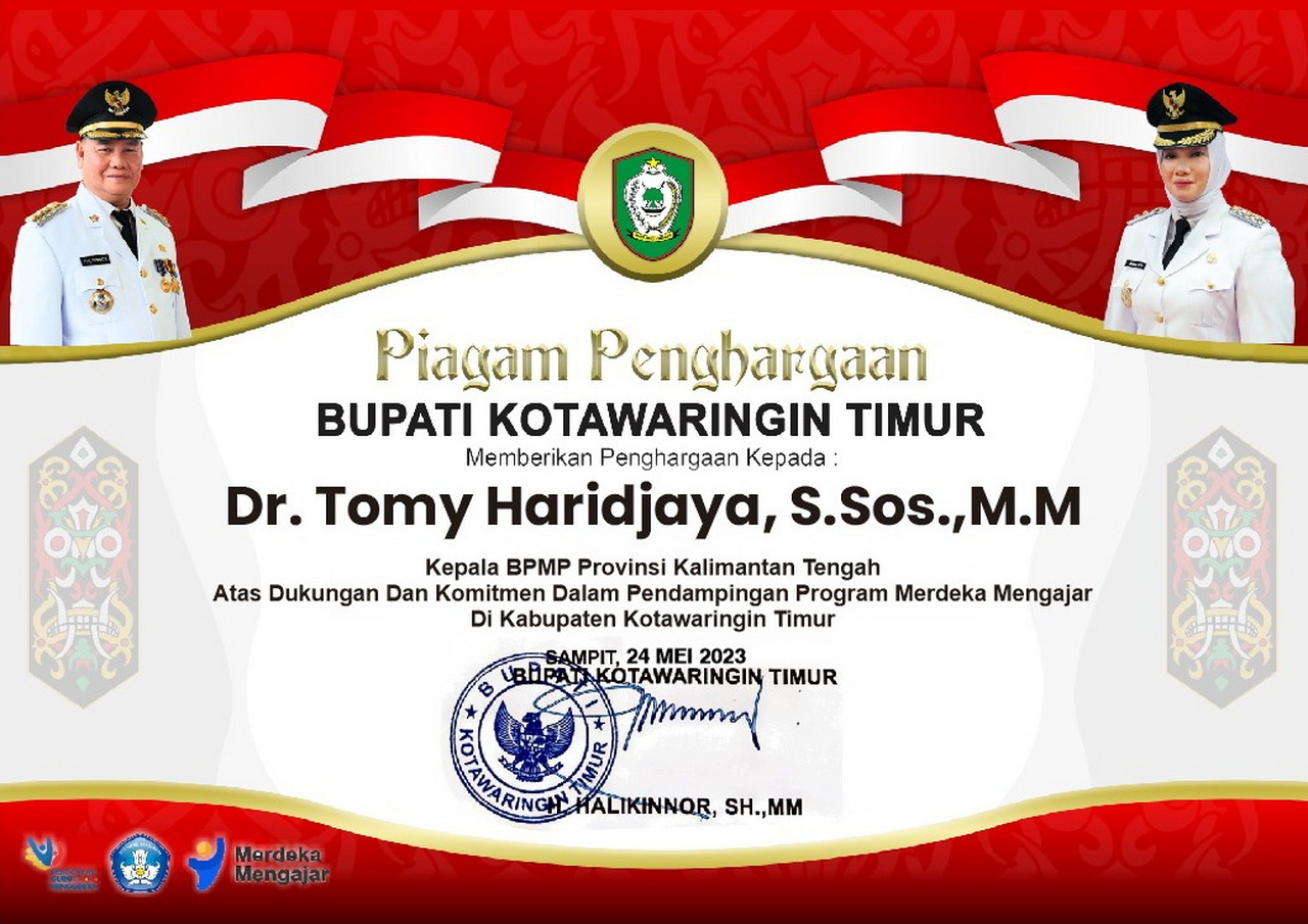 Piagam Penghargaan Bupati Kab. Kotawaringin Timur | BPMP Provinsi ...