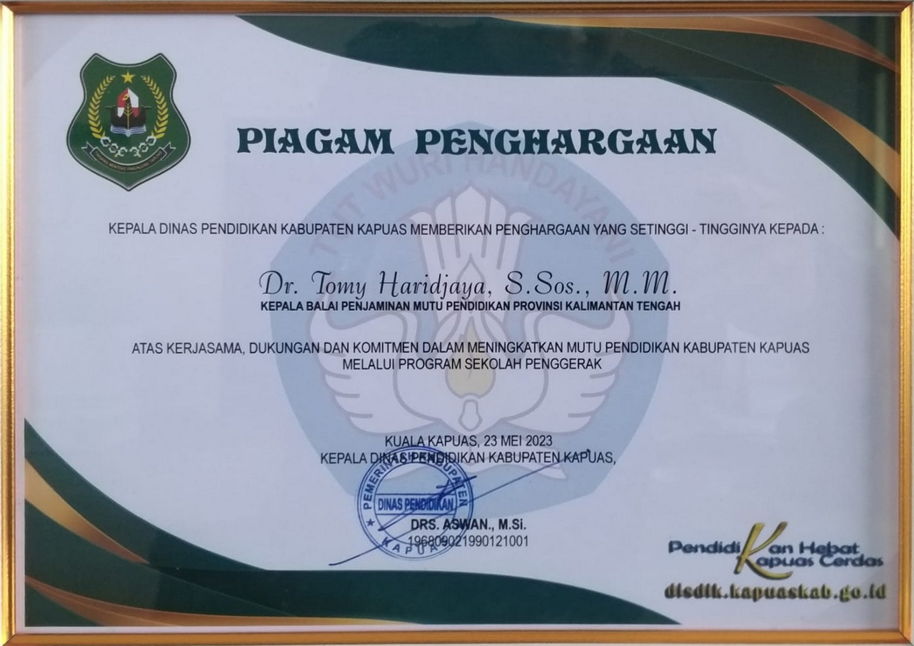 Piagam Penghargaan Bupati Kab. Kapuas | BPMP Provinsi Kalimantan Tengah